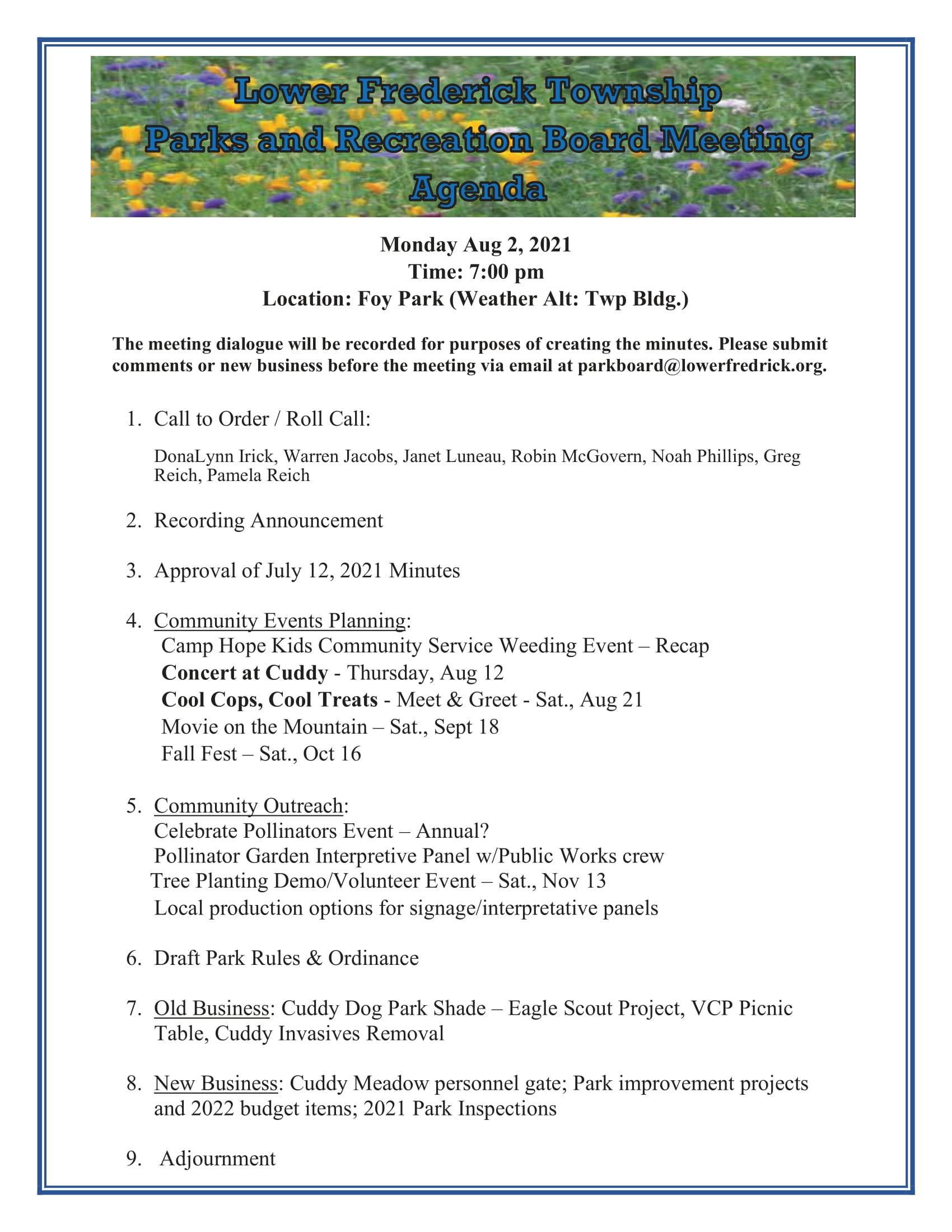 7:00pm Parks & Recreation Board Meeting -at Foy Park - Lower Frederick ...