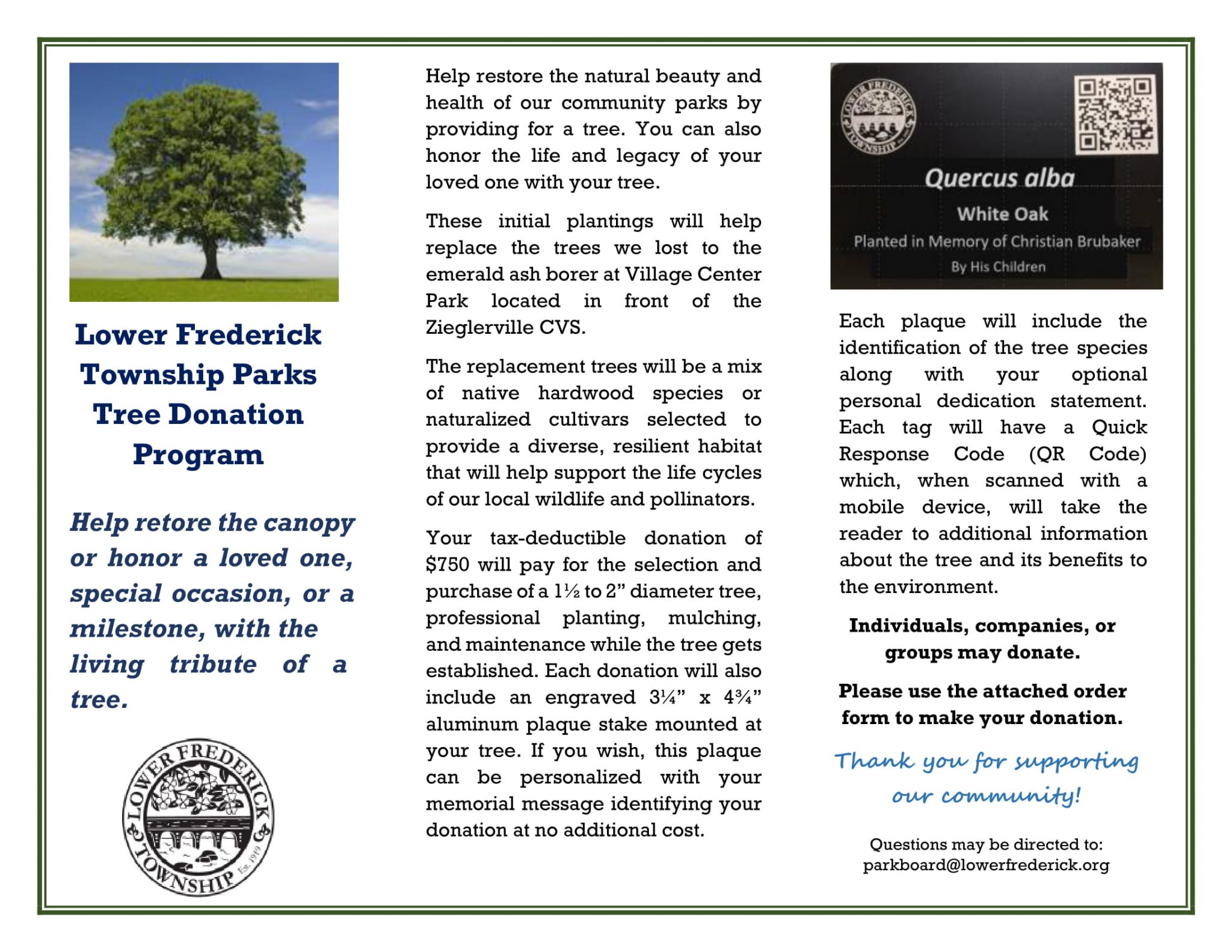 Tree Donation Program - Lower Frederick Township
