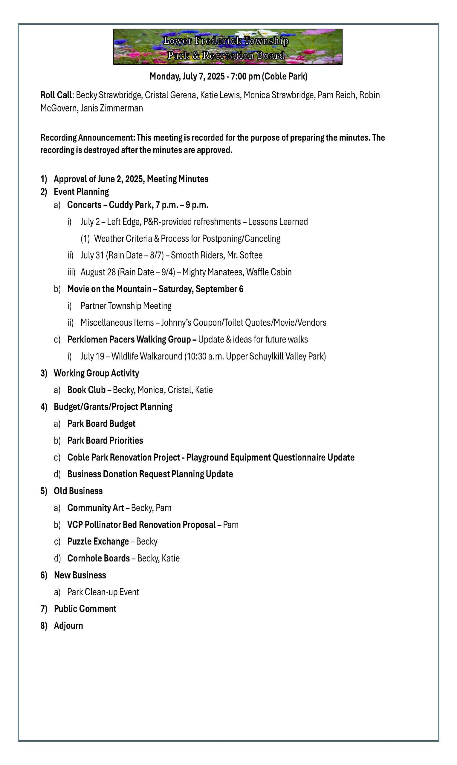 7:00pm Park & Recreation Board Meeting -at Coble Park - Lower Frederick ...